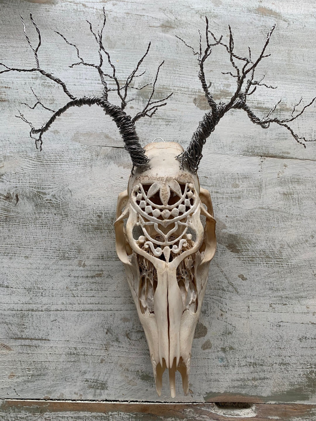 Carved Skull With Decorative Wire Tree Antlers Handmade Deer Skull ...
