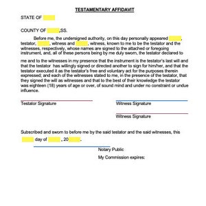 Last Will and Testament Fillable Form | Including Notary Section ...