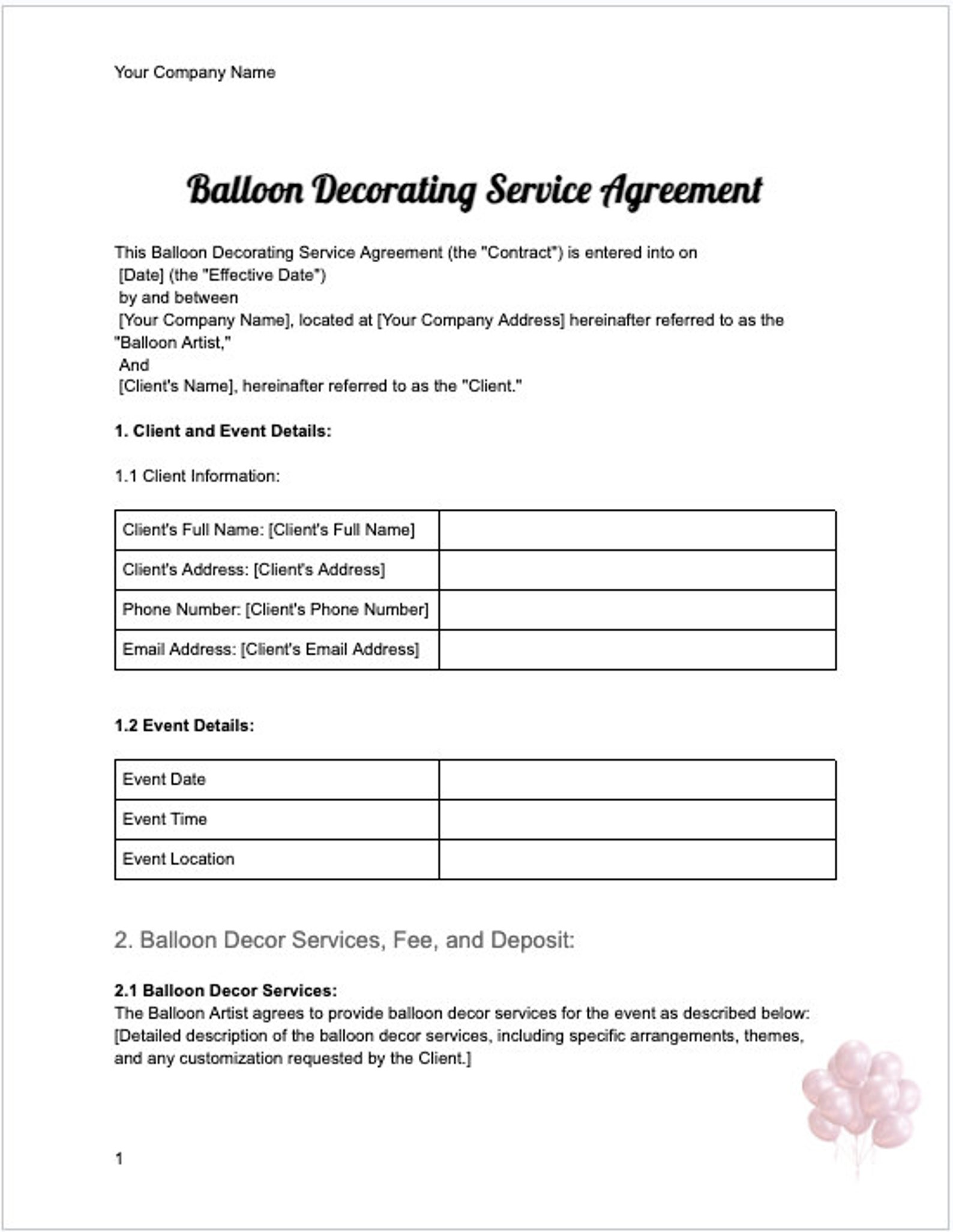 Editable Balloon Decor Contract | Balloon Artist Contract Template ...
