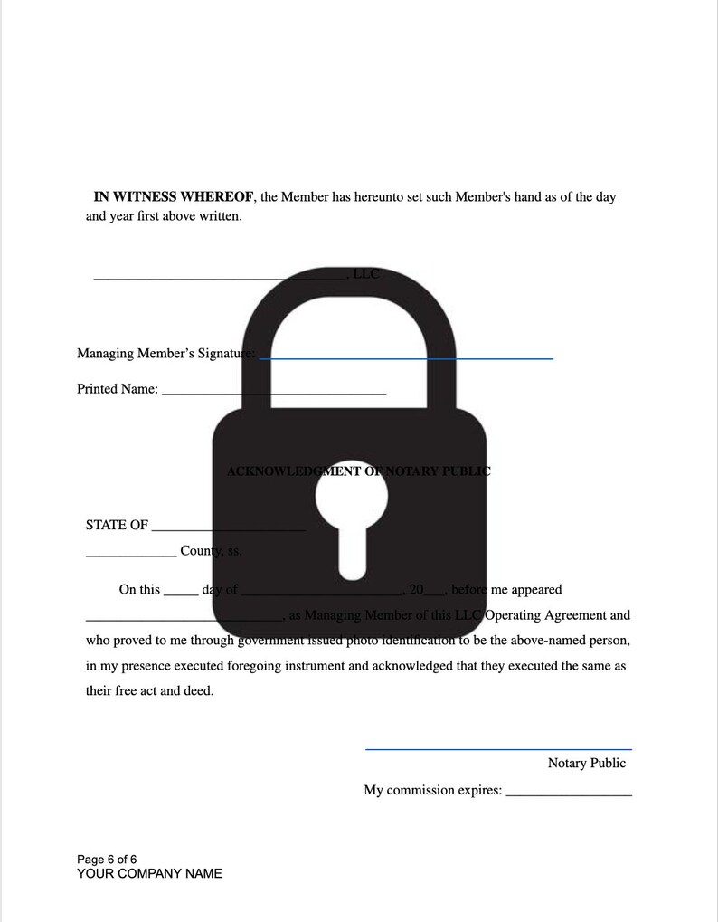 Single Member LLC Operating Agreement Template Notary Section Included ...