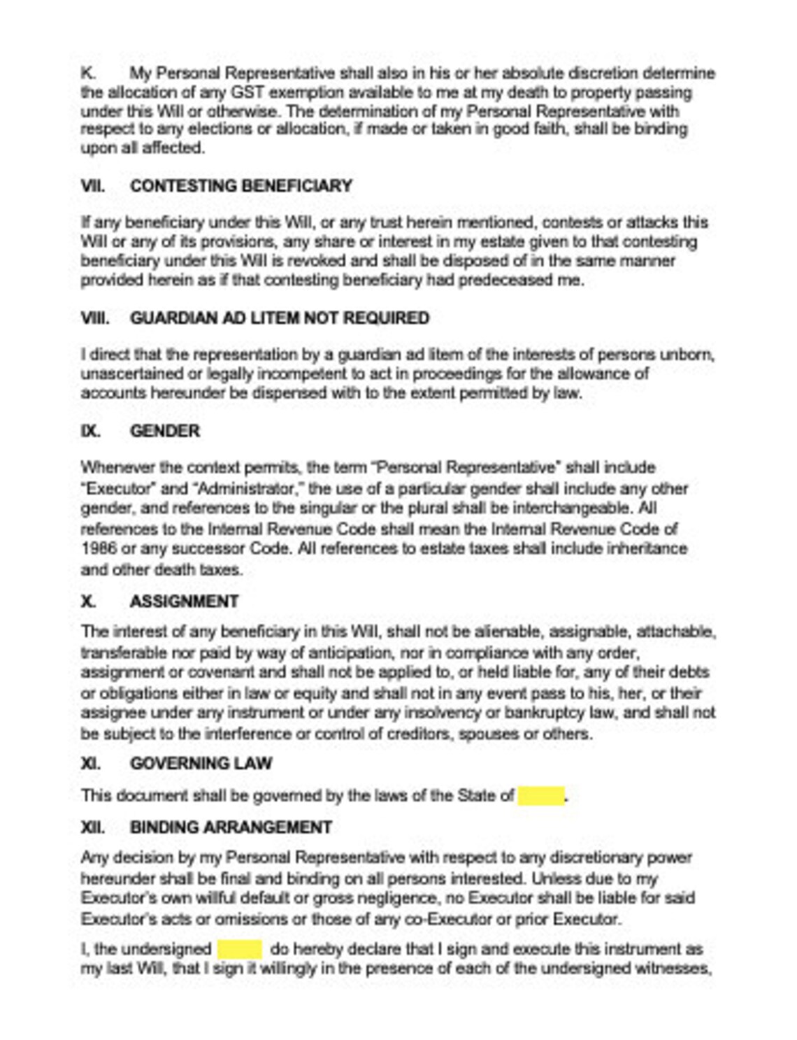 Last Will and Testament Fillable Form | Including Notary Section ...