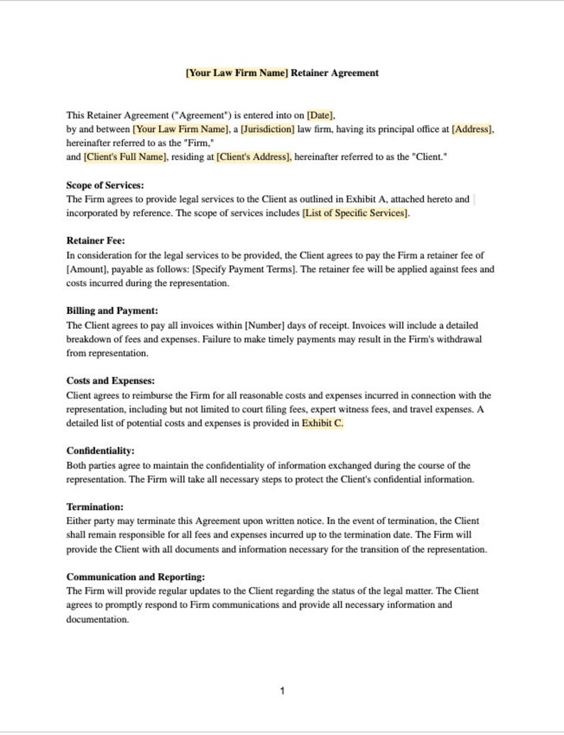 Professional Law Firm Retainer Agreement Template: Tailorable ...