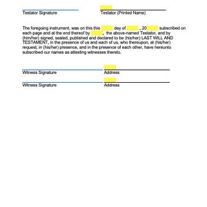 Last Will and Testament Fillable Form | Including Notary Section ...