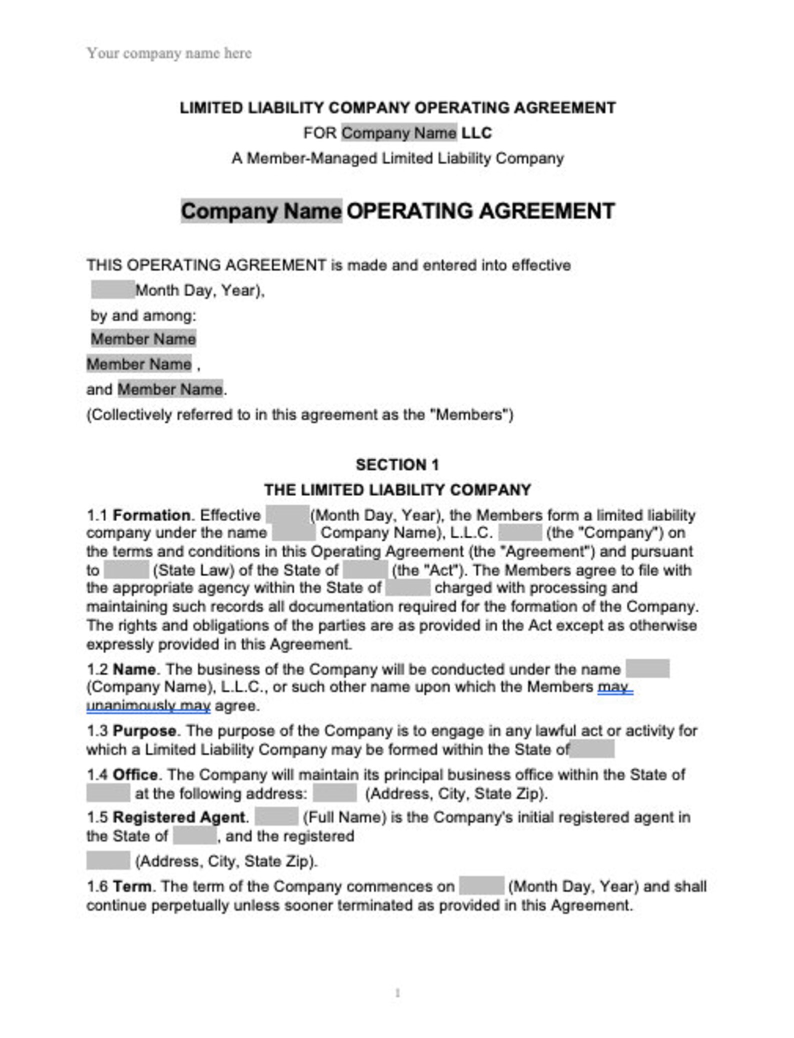Fillable Multi Member LLC Operating Agreement Template | 13 PAGES ...