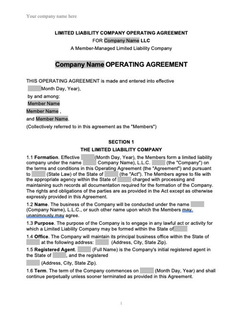 Fillable Multi Member LLC Operating Agreement Template | 13 PAGES ...