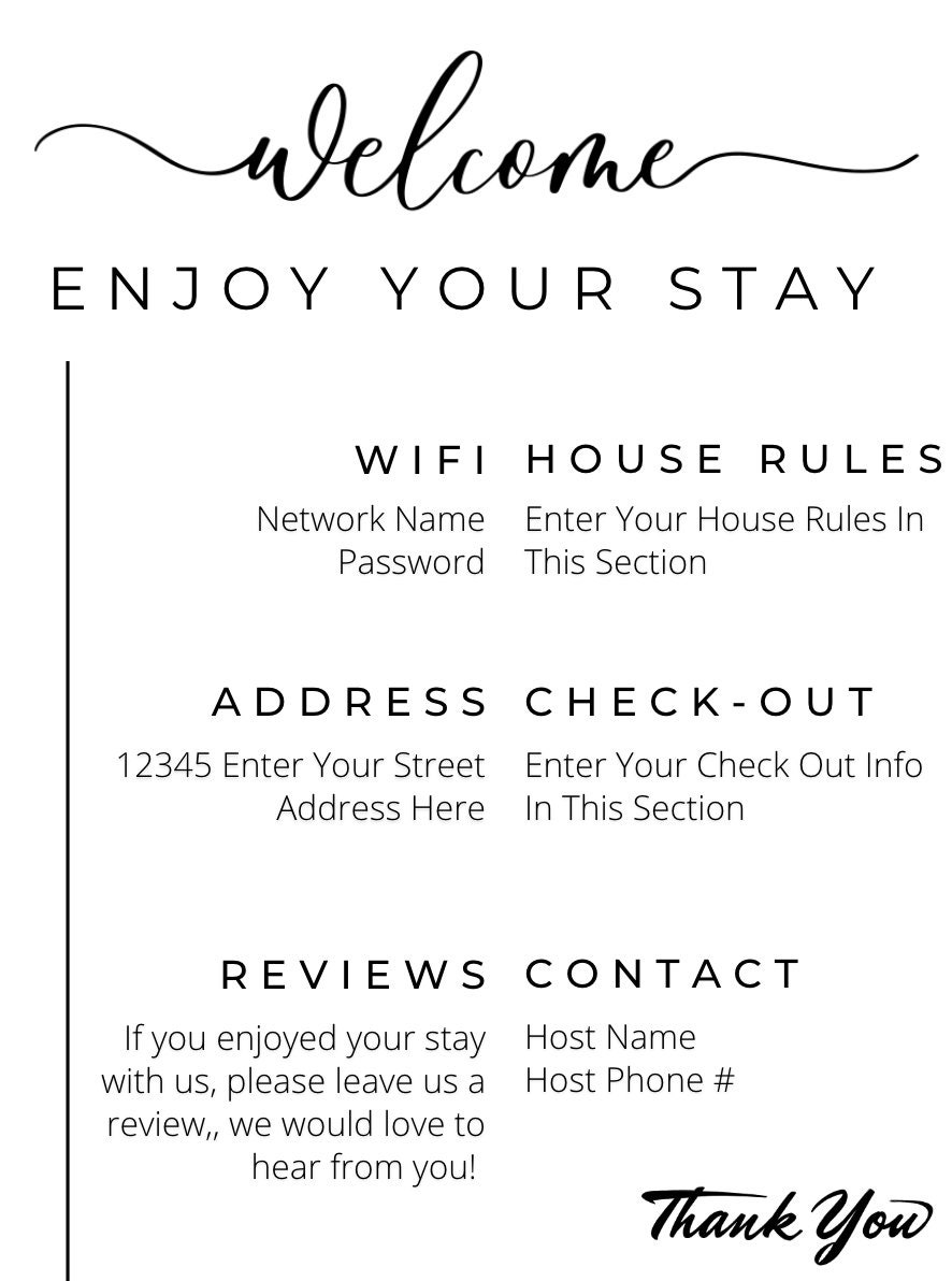Welcome Sign for Short Term Rental Hosts, Editable Airbnb Template ...