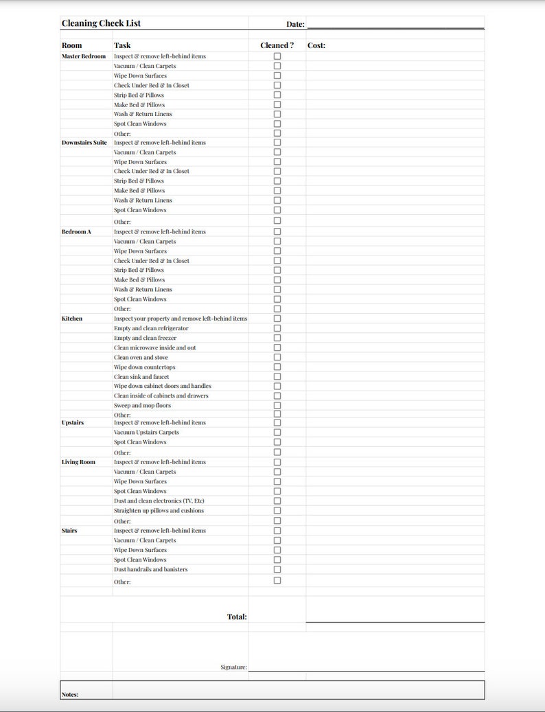 Cleaning Checklist and Invoice Excel & PDF Printout 2-in 1 | Airbnb ...