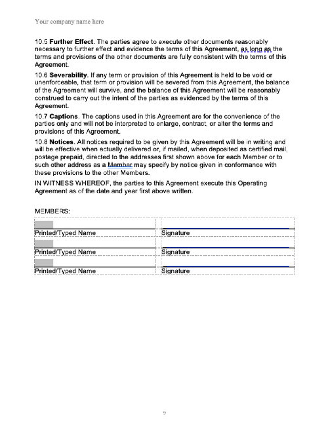 Fillable Multi Member LLC Operating Agreement Template | 13 PAGES ...