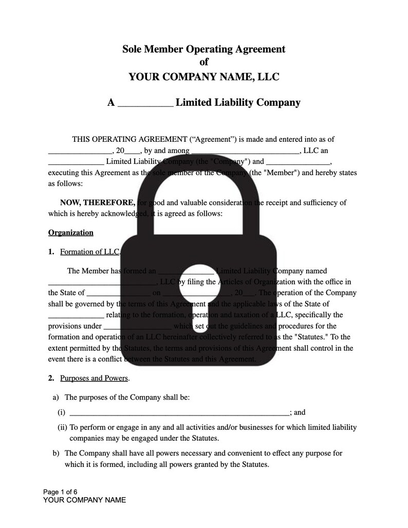 Single Member LLC Operating Agreement Template Notary Section Included ...