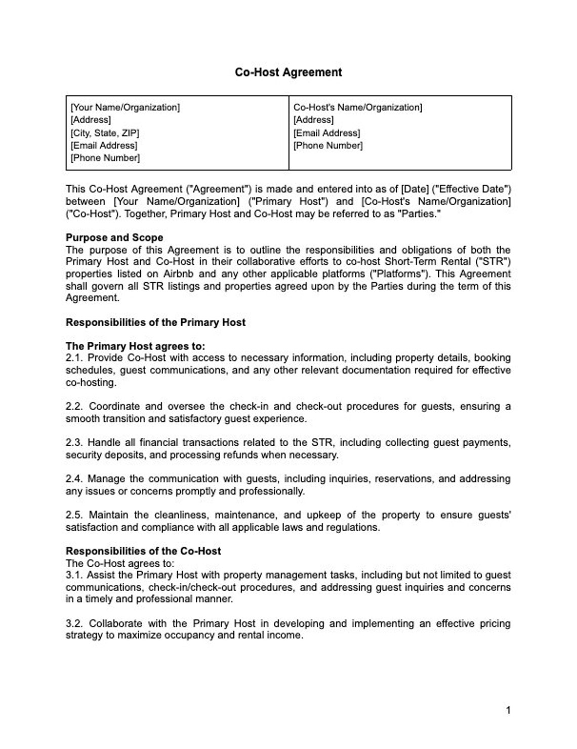 Airbnb Co-host Agreement | Co-host Template | STR Editable Contract ...