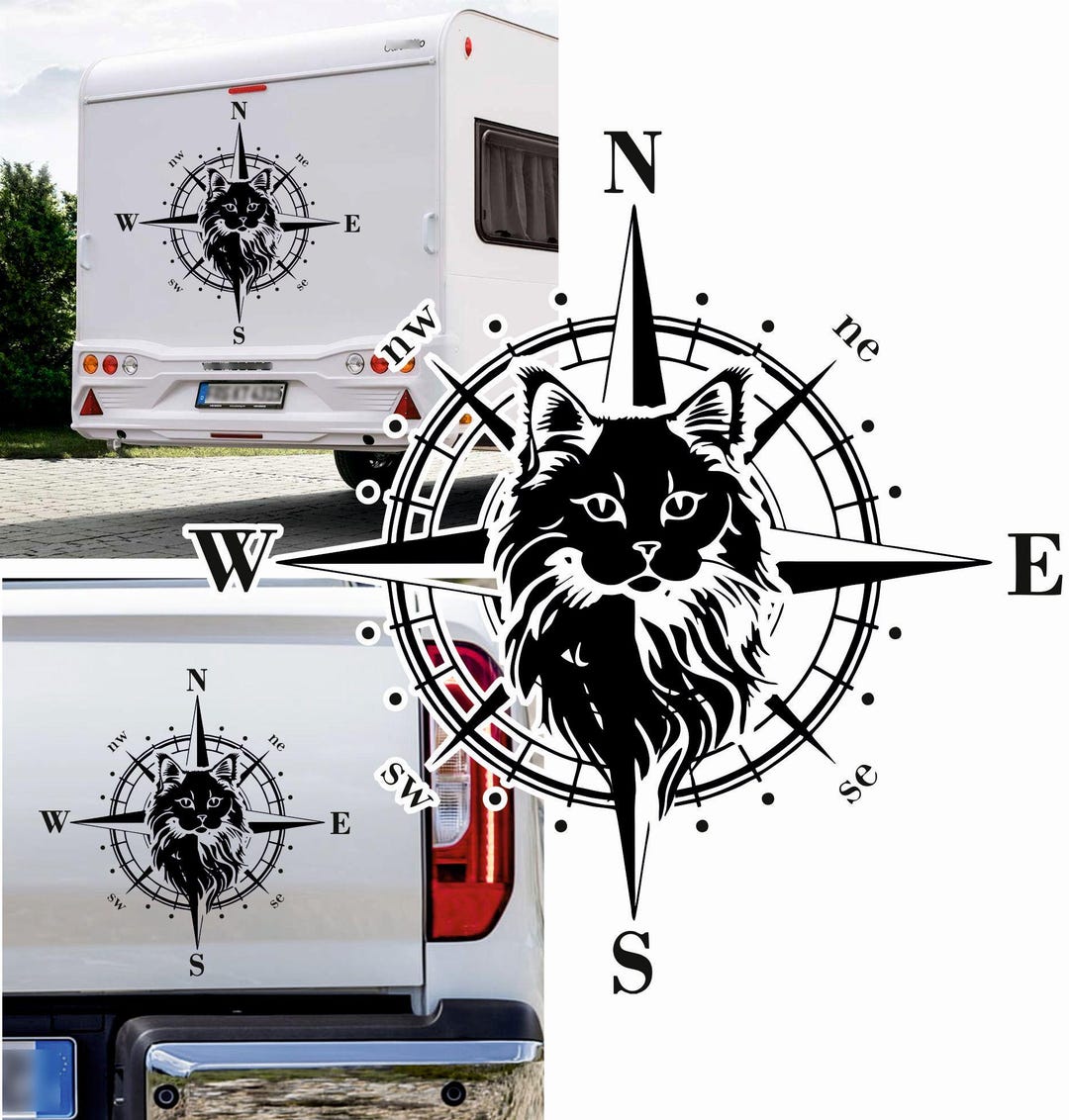 Compass Cat Kitten Long-haired Cat Sticker Size & Color Selectable ...