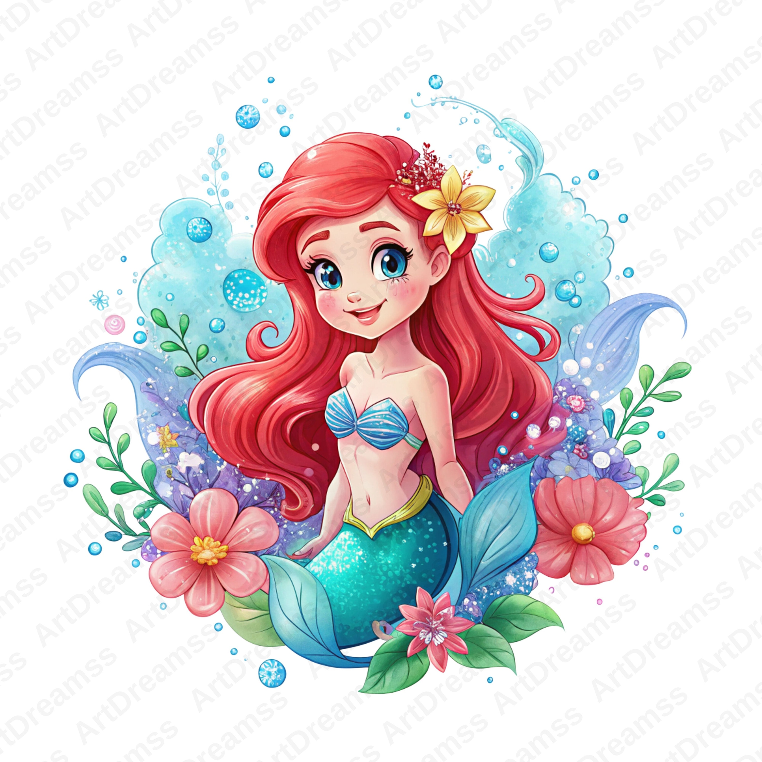 Cute Ariel PNG, Ariel With Flowers, Little Mermaid Clipart, Princess ...