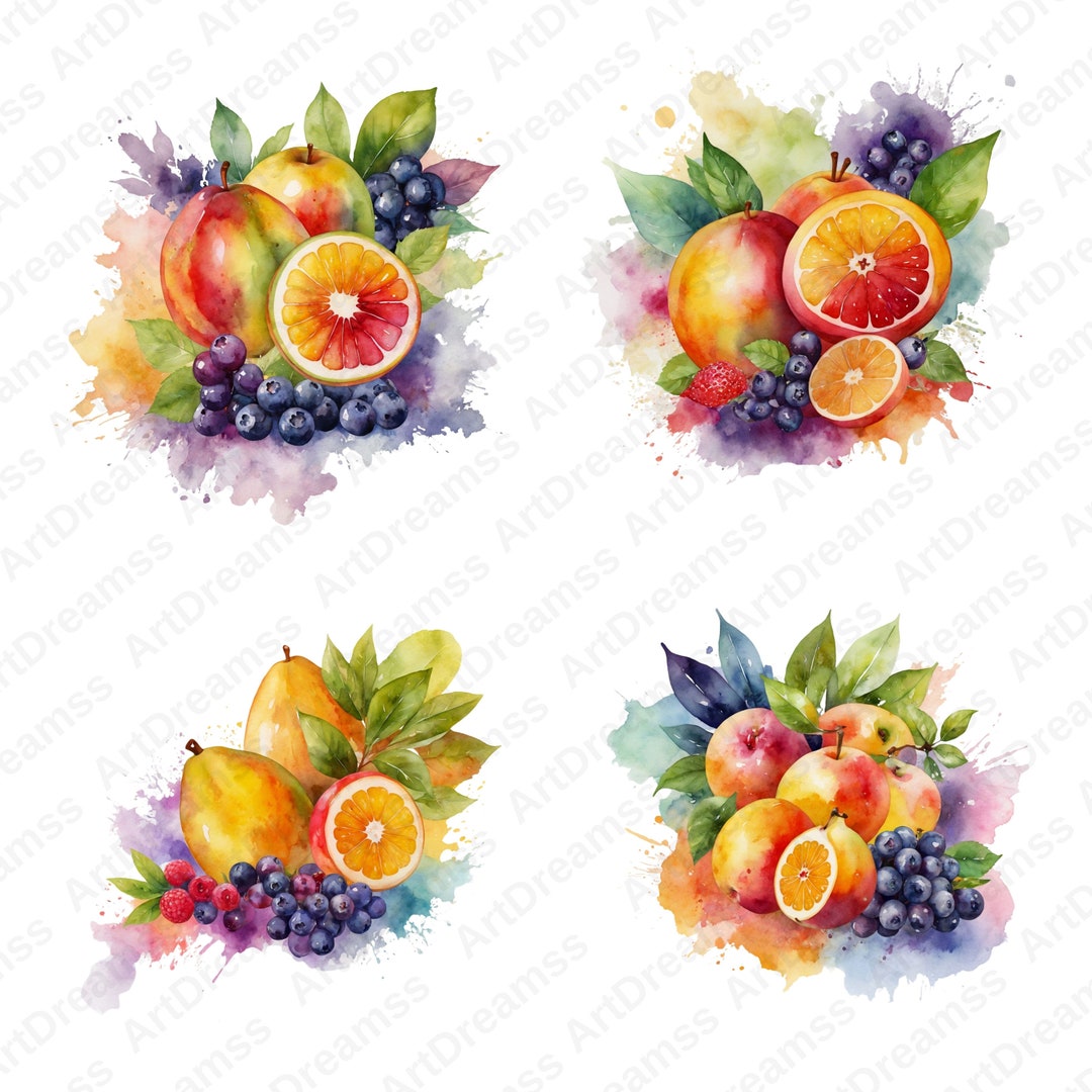 Watercolor Fruits Clipart, Fruit PNG, Orange, Apple, Grape, Stawberry ...
