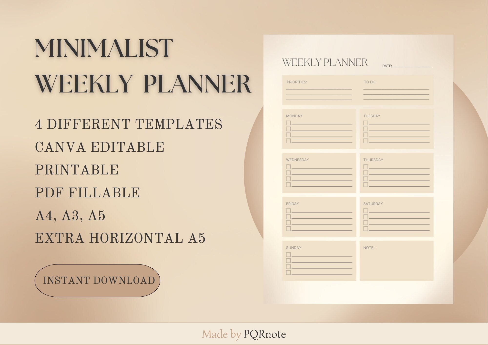 Weekly Planner Printable & PDF Fillable A4, A5, A3 Sizes 4 Versions ...