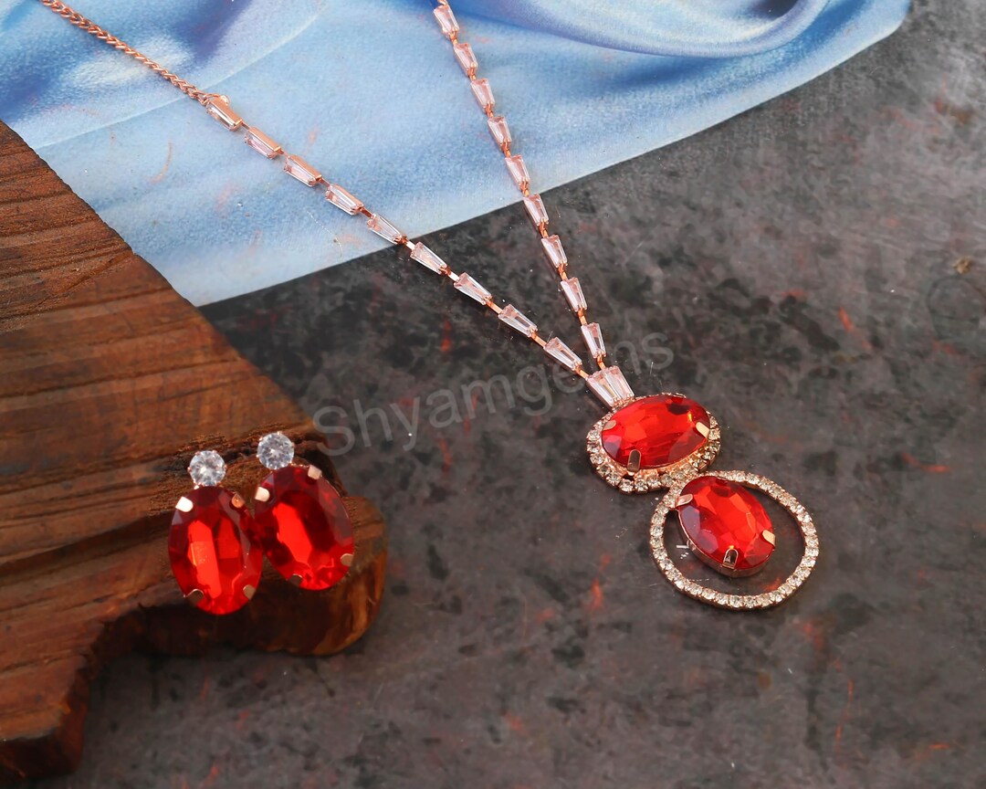 Rose Gold Red Stone Set Ruby Jewelry Set CZ Necklace/indian Jewelry ...