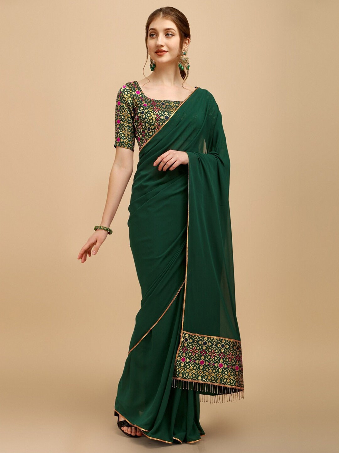 Women's Green Saree Solid Woven Design Saree With Woven Design Border ...