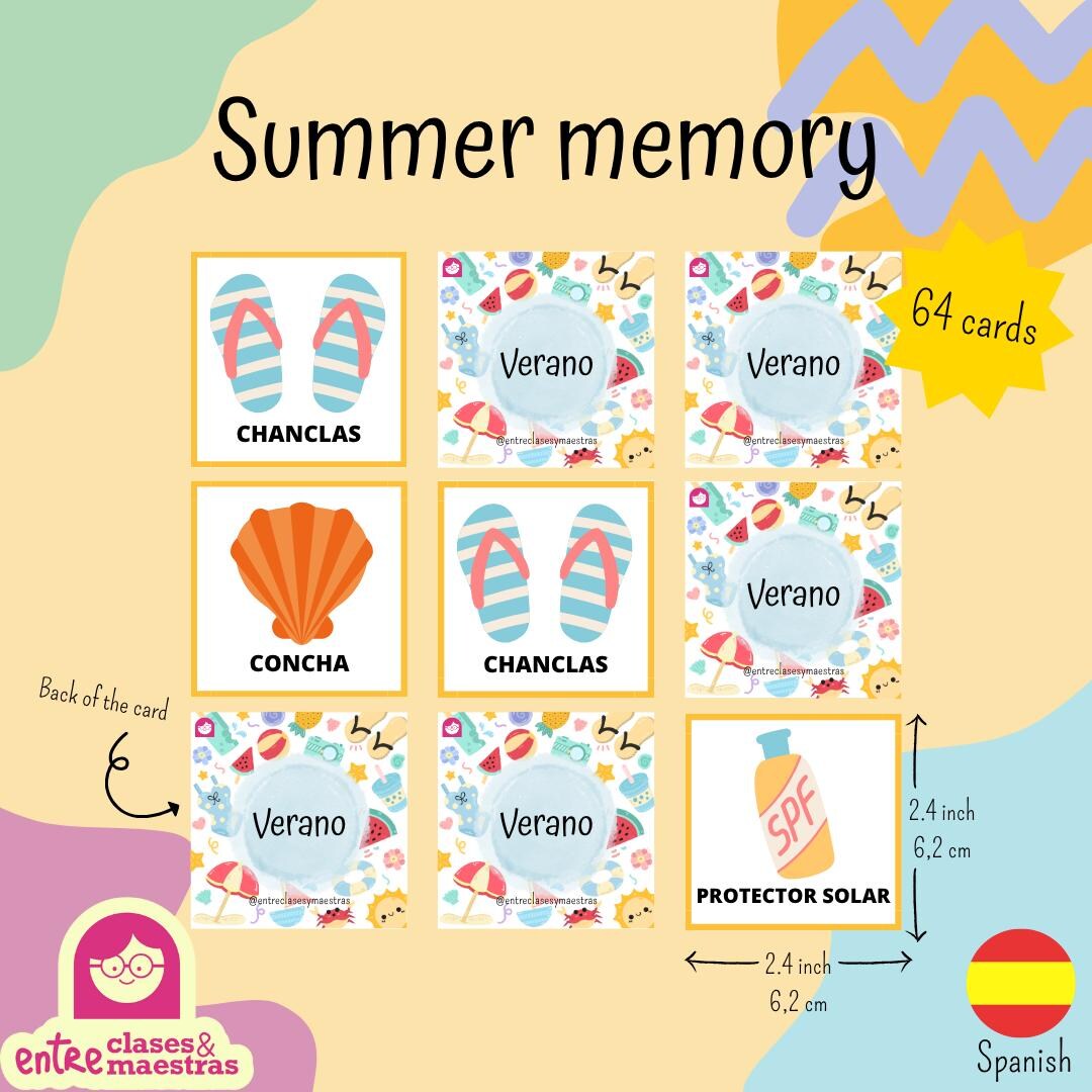 Summer Memory Game | Printable Matching Cards in Spanish | Educational ...