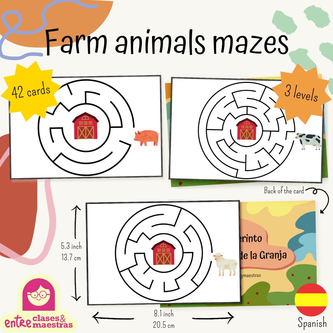 Farm Animals Maze Game, Logic Activity, Mind Game, Preschool Printable ...
