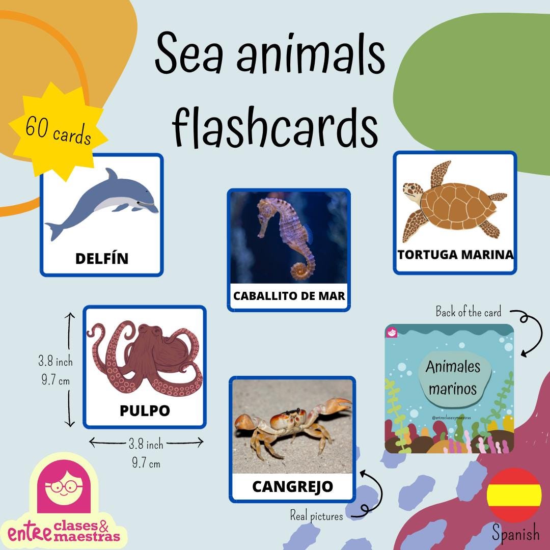 Sea Animals Flashcards in Spanish | Montessori Printable for Preschool ...