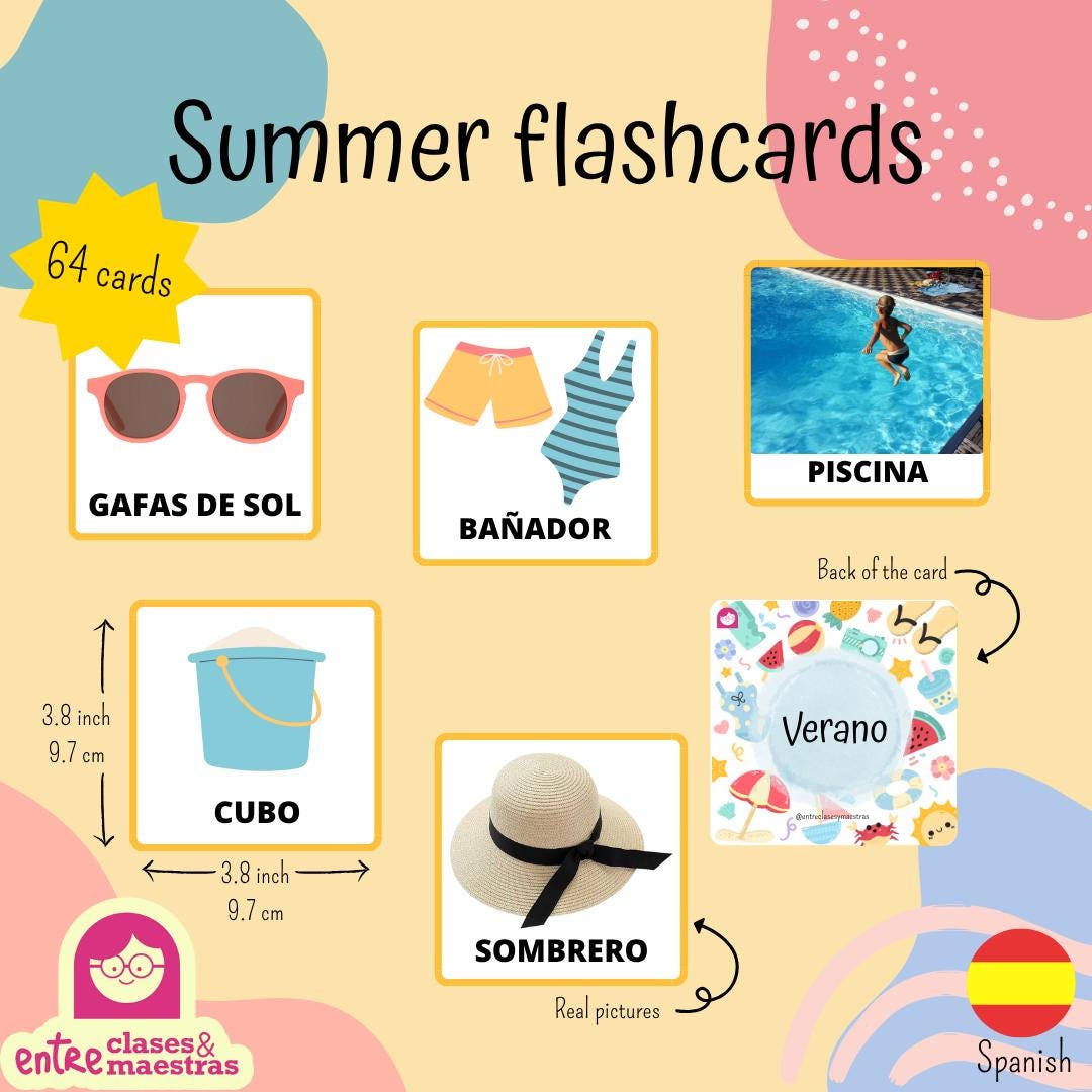Printable Summer Flashcards in Spanish | Vocabulary Cards With Real ...