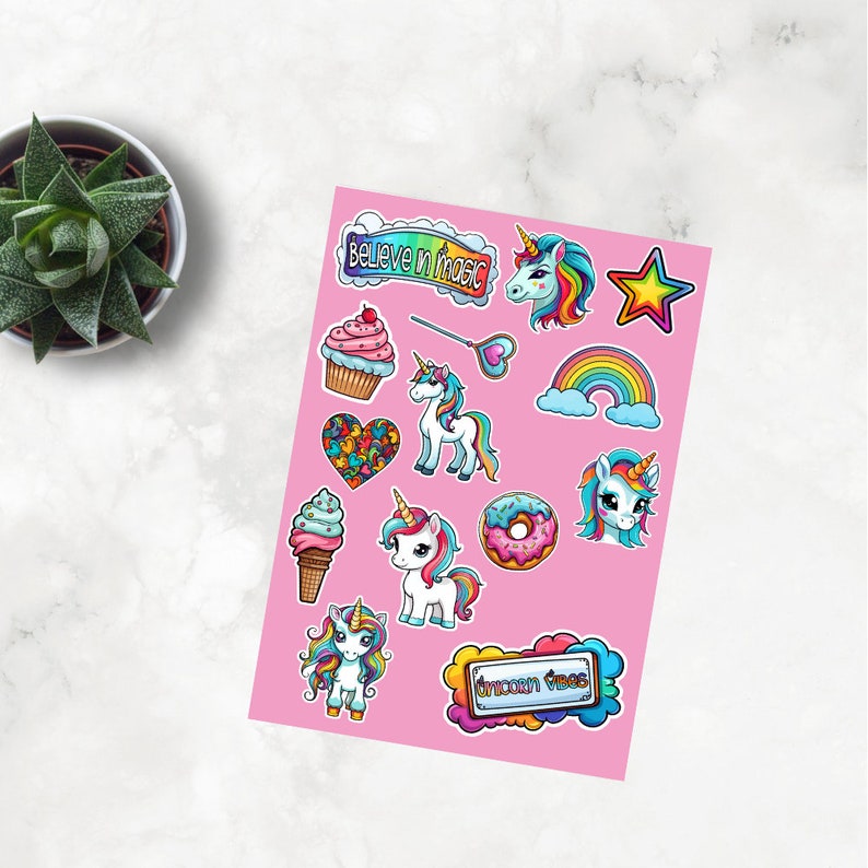 Rainbow Unicorn Sticker Pack, A4 Digital Sticker Packs Ready To Print 