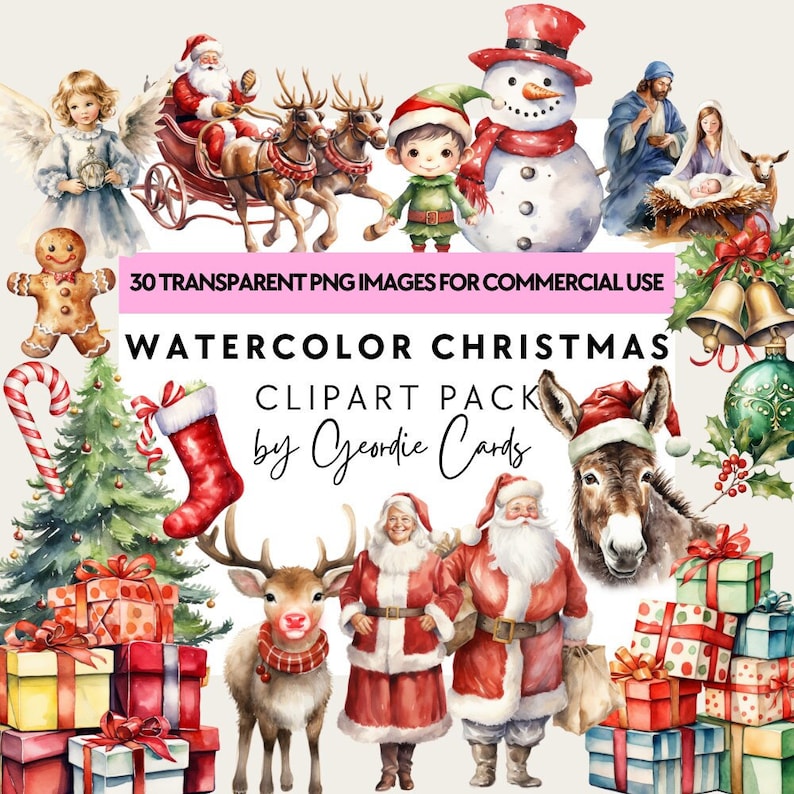 Watercolor Christmas Clip Art Pack 30 PNG Images Transparent - Etsy