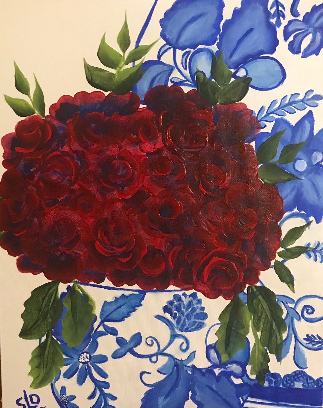 Red Roses in Blue Delft Pot Hand-painted Acrylic Painting. 14x11 Inch ...