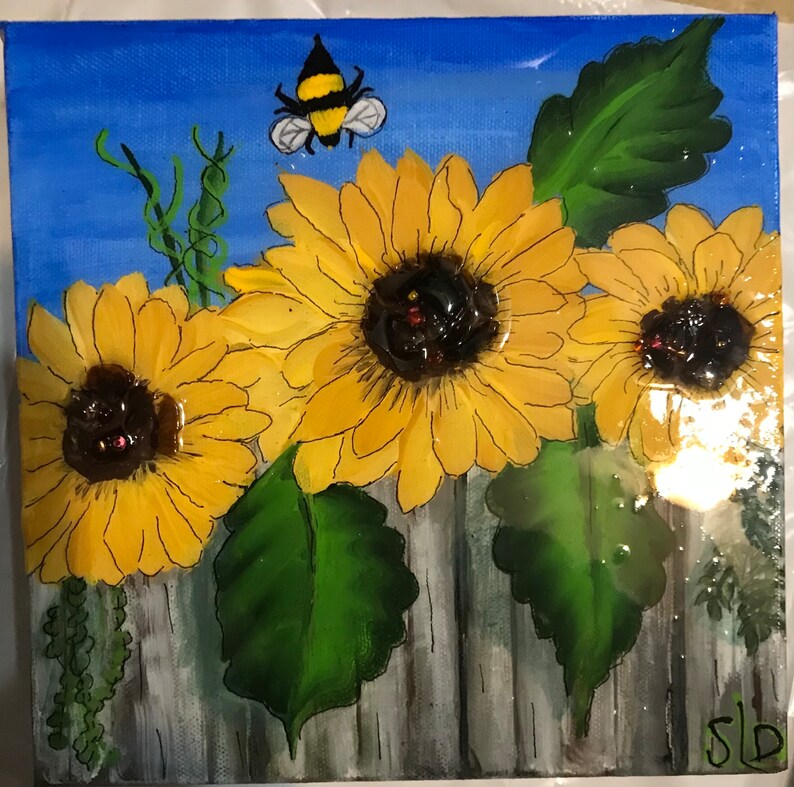 Sunflowers Peeking Over the Fence Resin Painting Shelf Sitter - Etsy