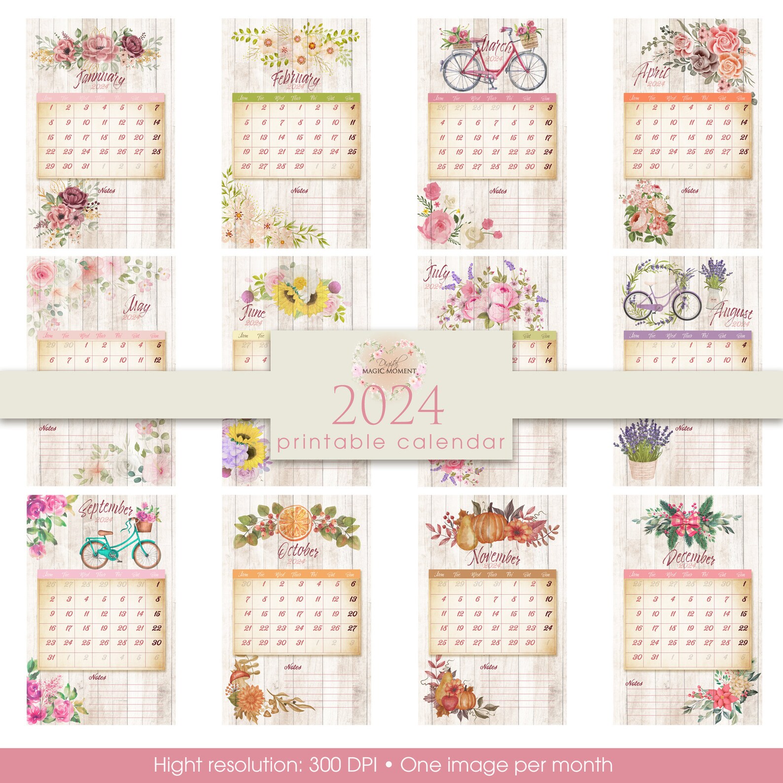 Calendario Stampabile Shabby Chic 2024 (A3 E Lettera) Bicicletta Con ...