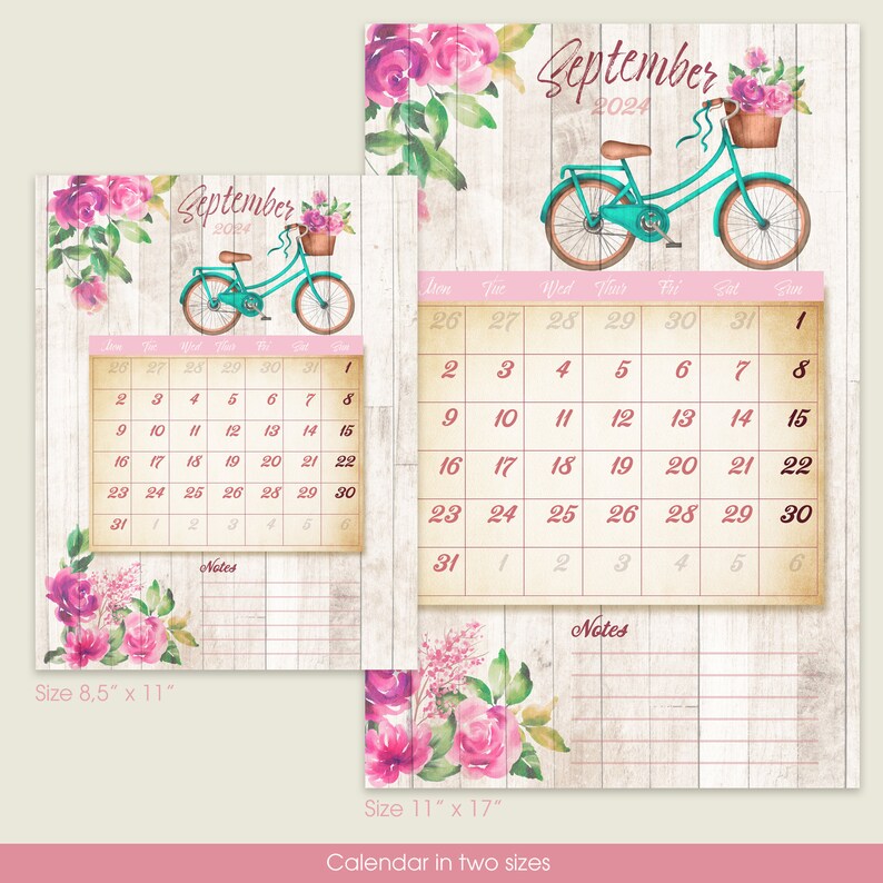 Calendario Stampabile Shabby Chic 2024 (A3 E Lettera) Bicicletta Con ...