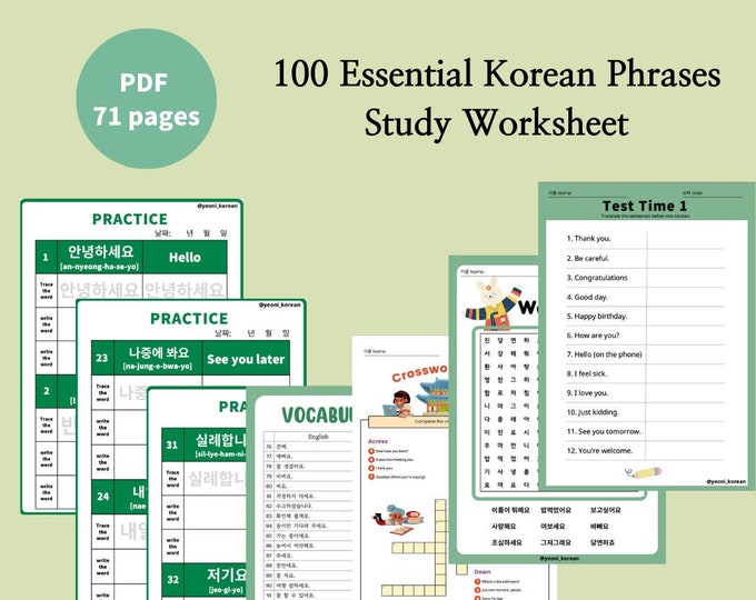 Study Korean Basic Phrases 100/ Hangul Worksheets/ Korean Learning ...