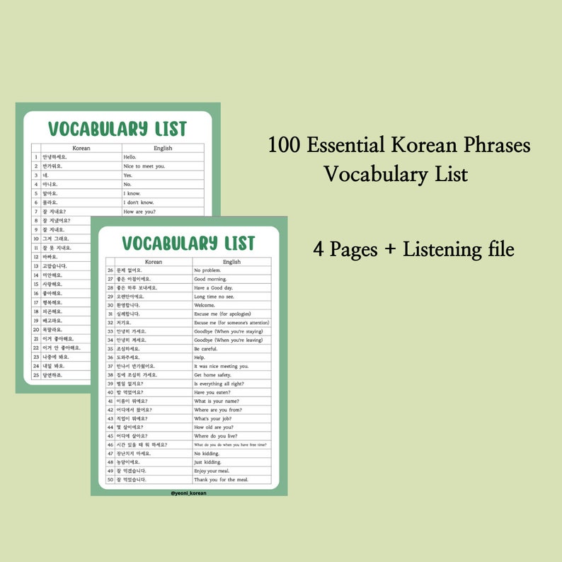 100 Essential Korean Phrases - Etsy