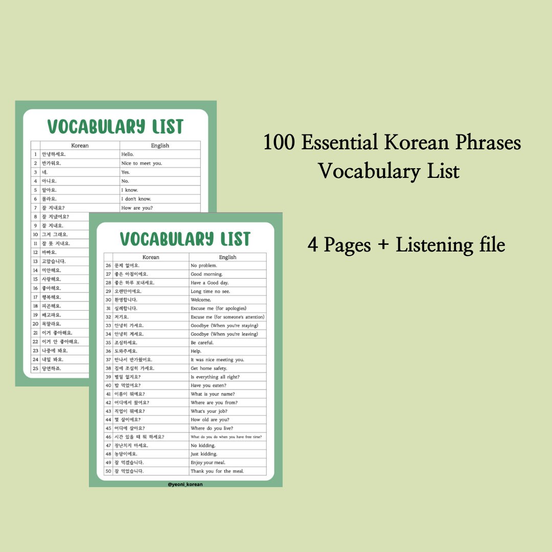 100 Essential Korean Phrases - Etsy