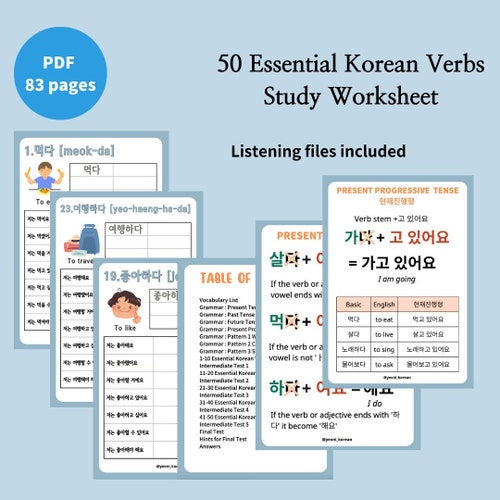 50 Essential Korean Verbs - Etsy