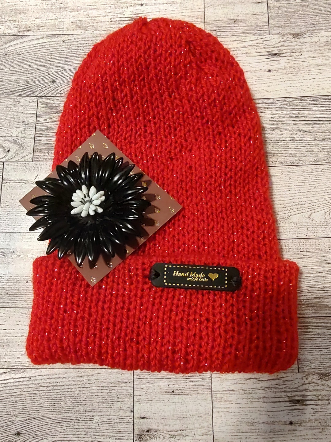 Handmade Knitted Red Beanie and Vintage Brooch - Etsy
