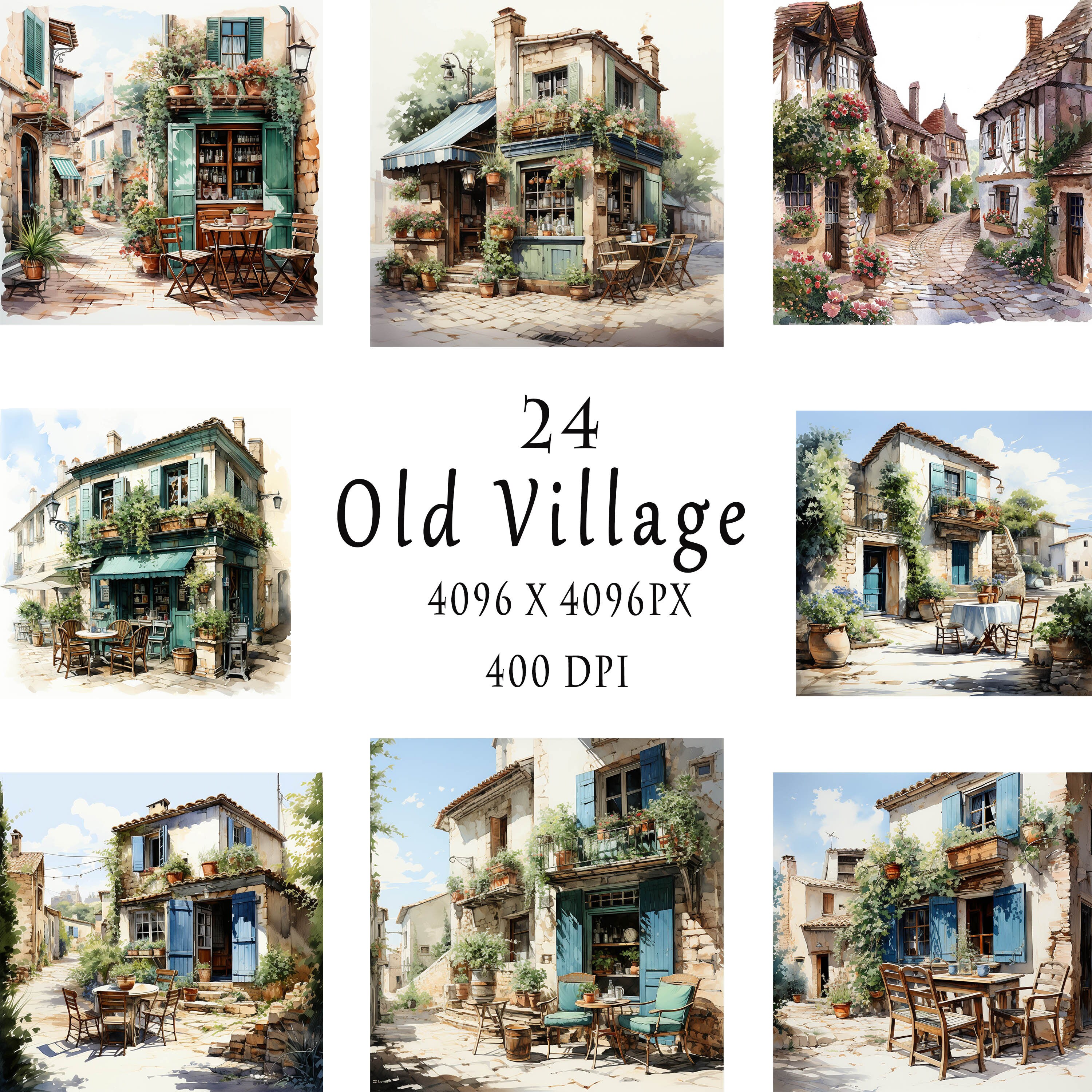 Shabby Chic Village Vintage Floral House Watercolor Clipart Bundle| 24 ...