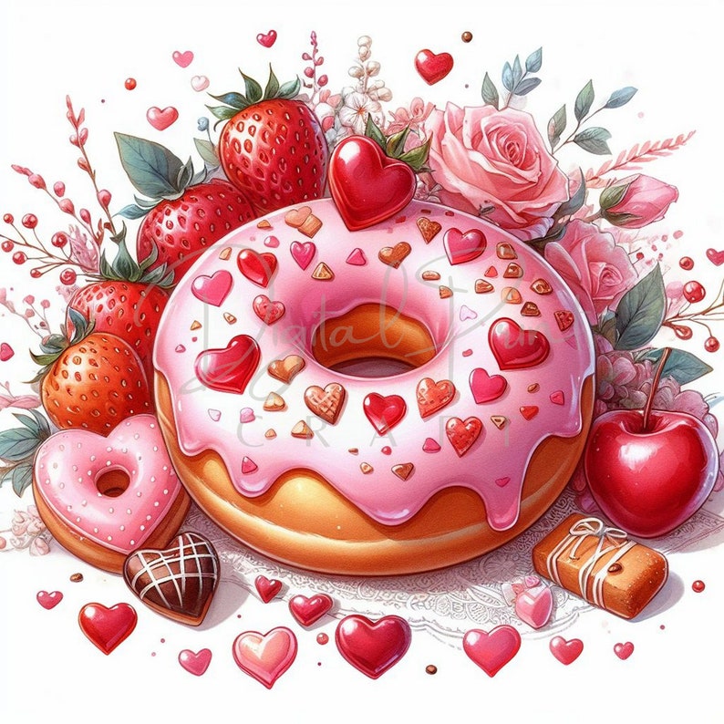 Valentine Donut Clipart, 12 JPG Valentines Day Clipart, Valentine Sweet ...