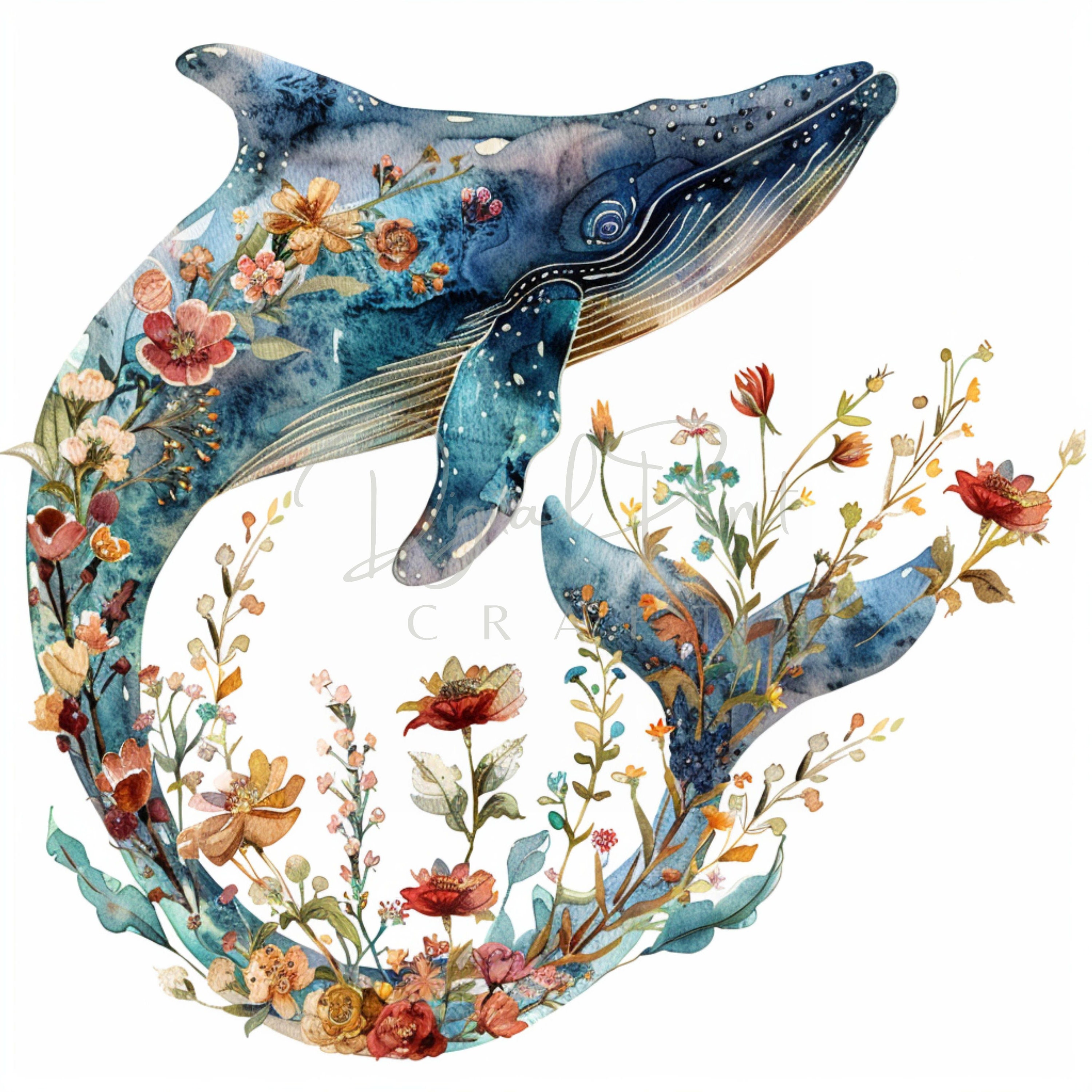 Floral Whale Clipart, Whale With Flowers, 14 High Quality Jpgs ...