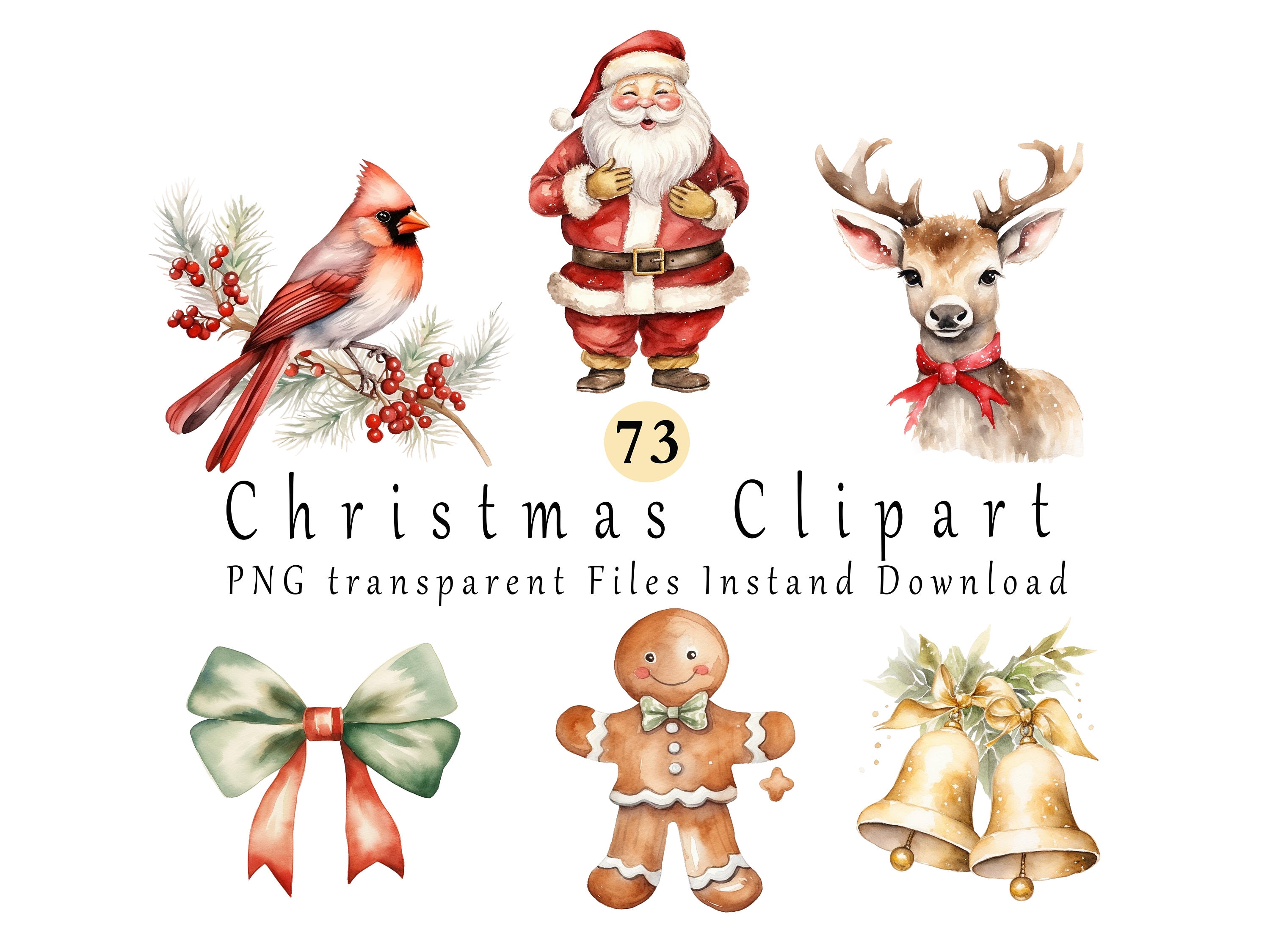 Watercolor Christmas Clipart Bundle, PNG Bundle, XMAS Collection, Cute ...
