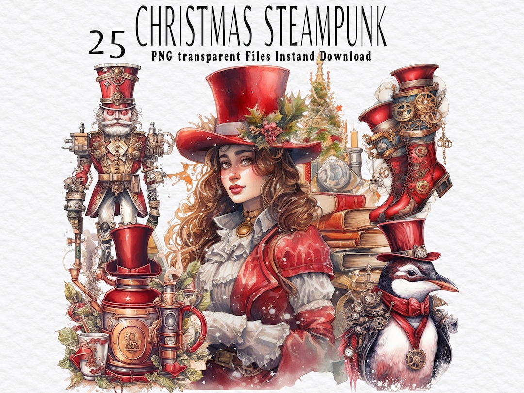 Christmas Steampunk Clipart Printable, Watercolor Futuristic Victorian ...