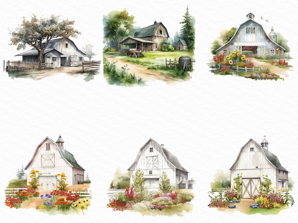 Farm Barn Clipart PNG Transparent Watercolor Farmhouse Bundle|25 PNG ...