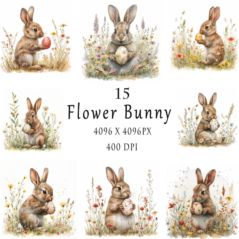 Easter Bunny Floral Spring Clipart, 15 High Quality Jpgs, Flower ...