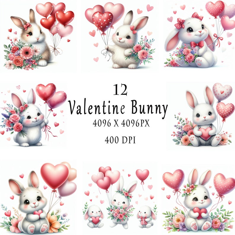 Valentine Bunny Ballon, 12 JPG Valentines Day Clipart, Valentine Couple ...