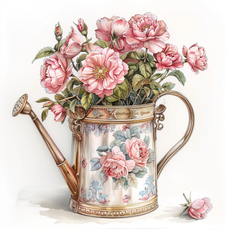 Shabby Chic Pink Watering Can, Flower Clipart, 11 High Quality Jpgs ...