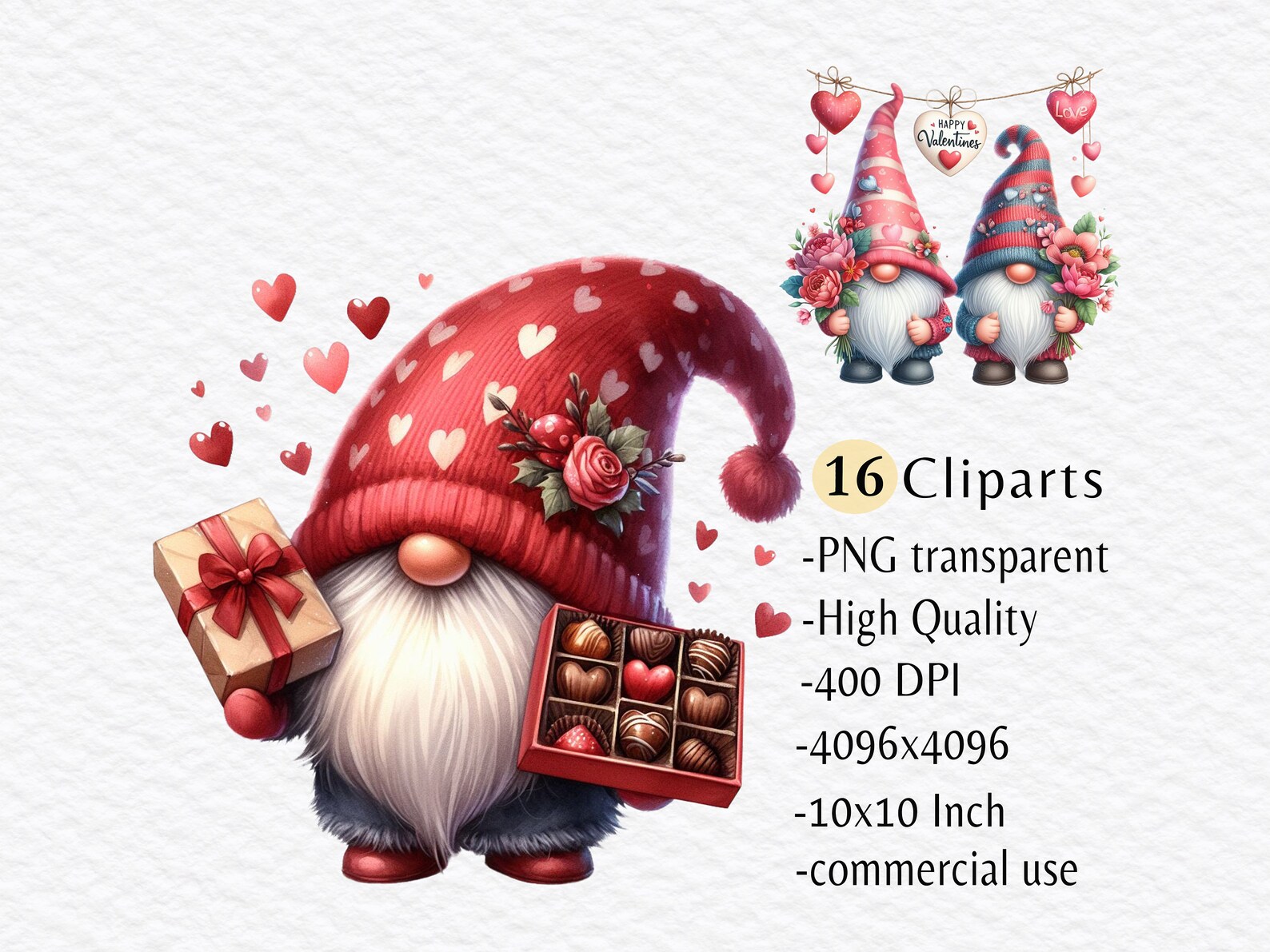 Watercolor Valentine Gnome Clipart, 16 PNG Valentines Day Clipart ...
