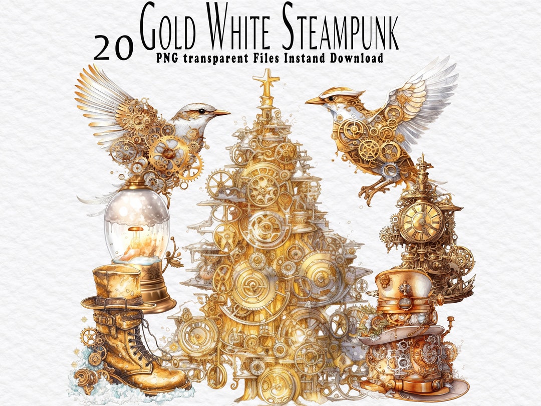 Gold White Steampunk Clipart Printable, Watercolor Art Print Junk ...