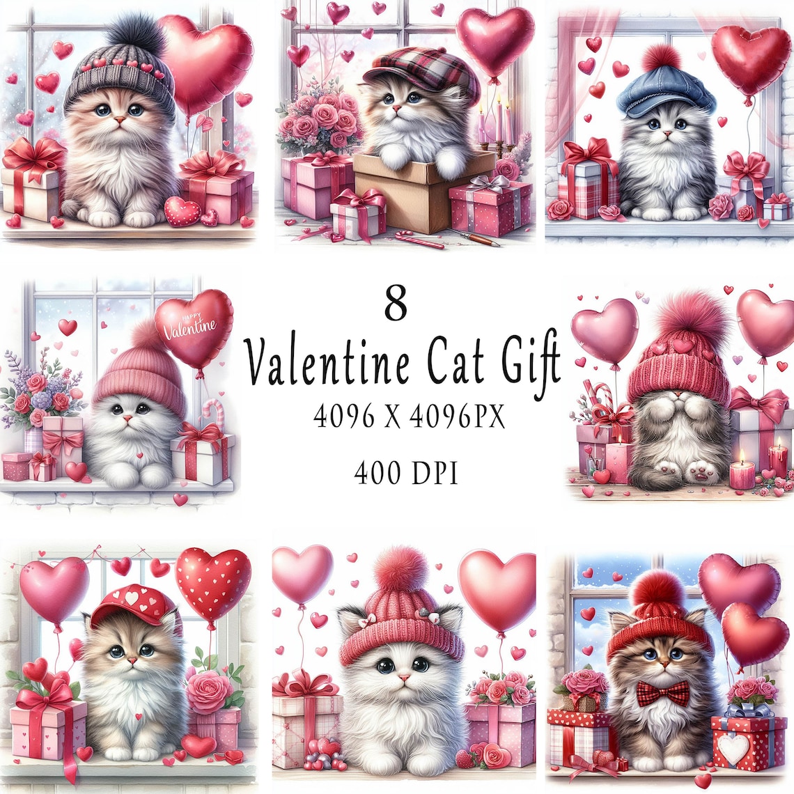 Valentine Cat Gift Clipart, 8 JPG Valentines Day Clipart, Valentines ...
