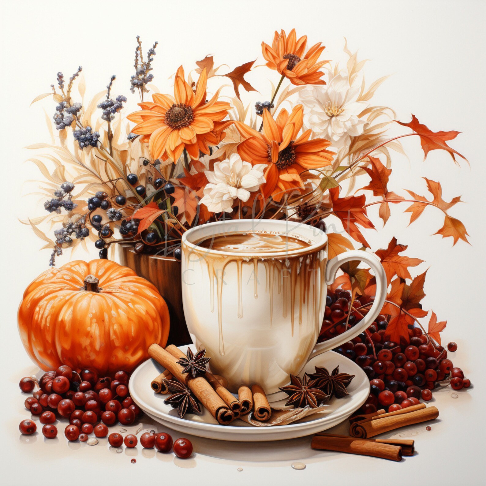 12 Fall Coffe Mug Clipart, Floral Autumn Decoration, Ideal for ...