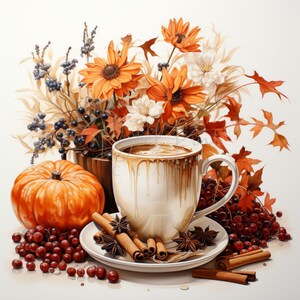12 Fall Coffe Mug Clipart, Floral Autumn Decoration, Ideal for ...