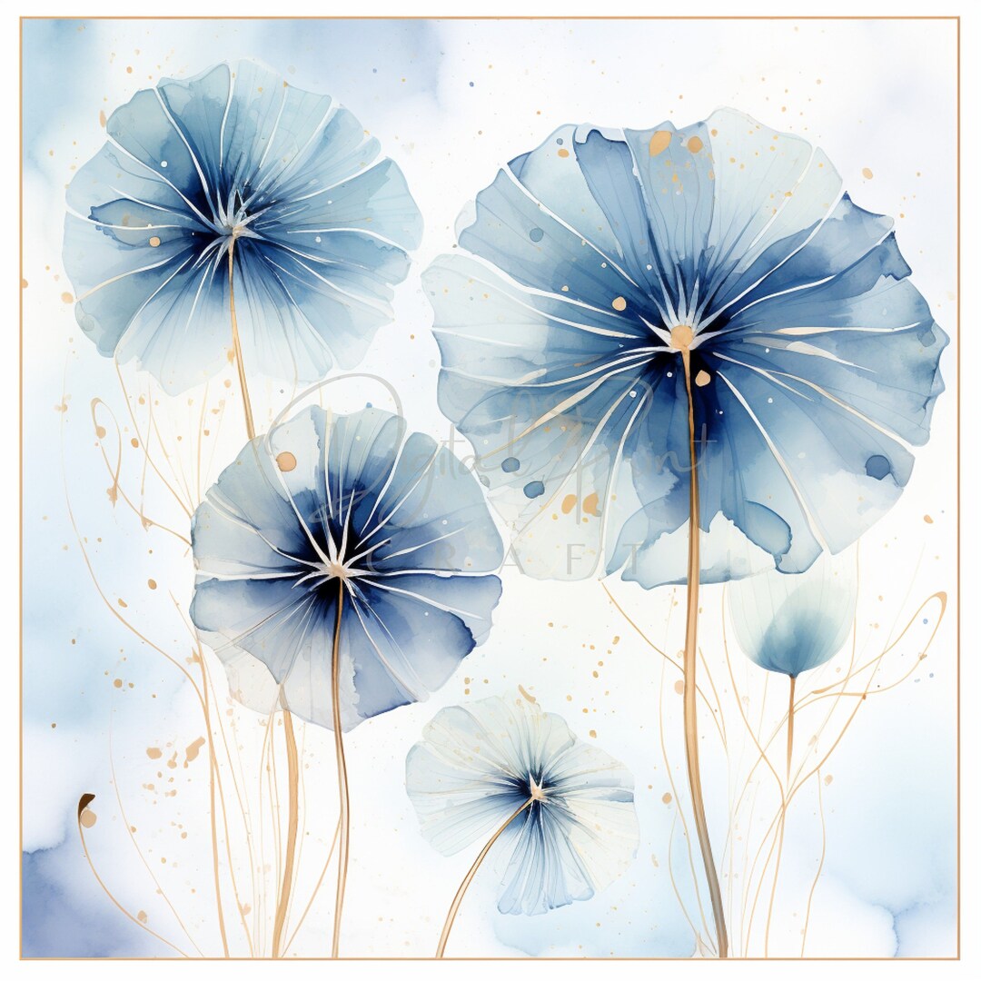 Abstract Floral Watercolor Print Clipart, Gold Blue Floral, 15 JPG ...